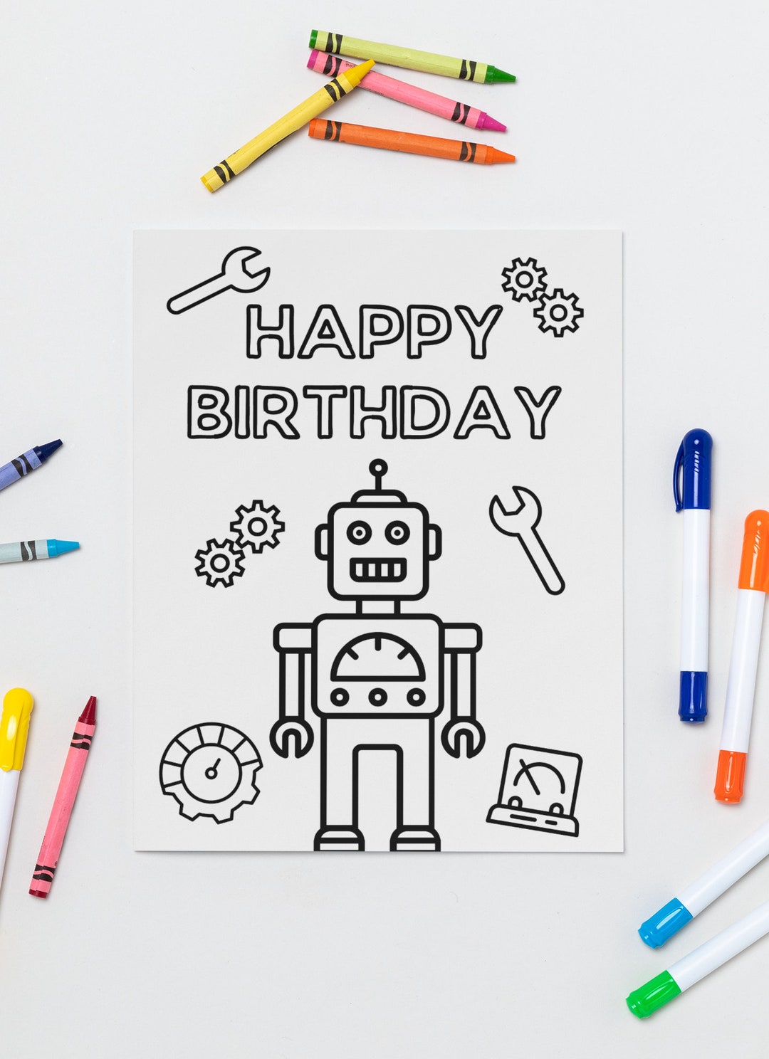 ROBOT Coloring Birthday Card - *PDF & PNG*- Printable - Digital ...