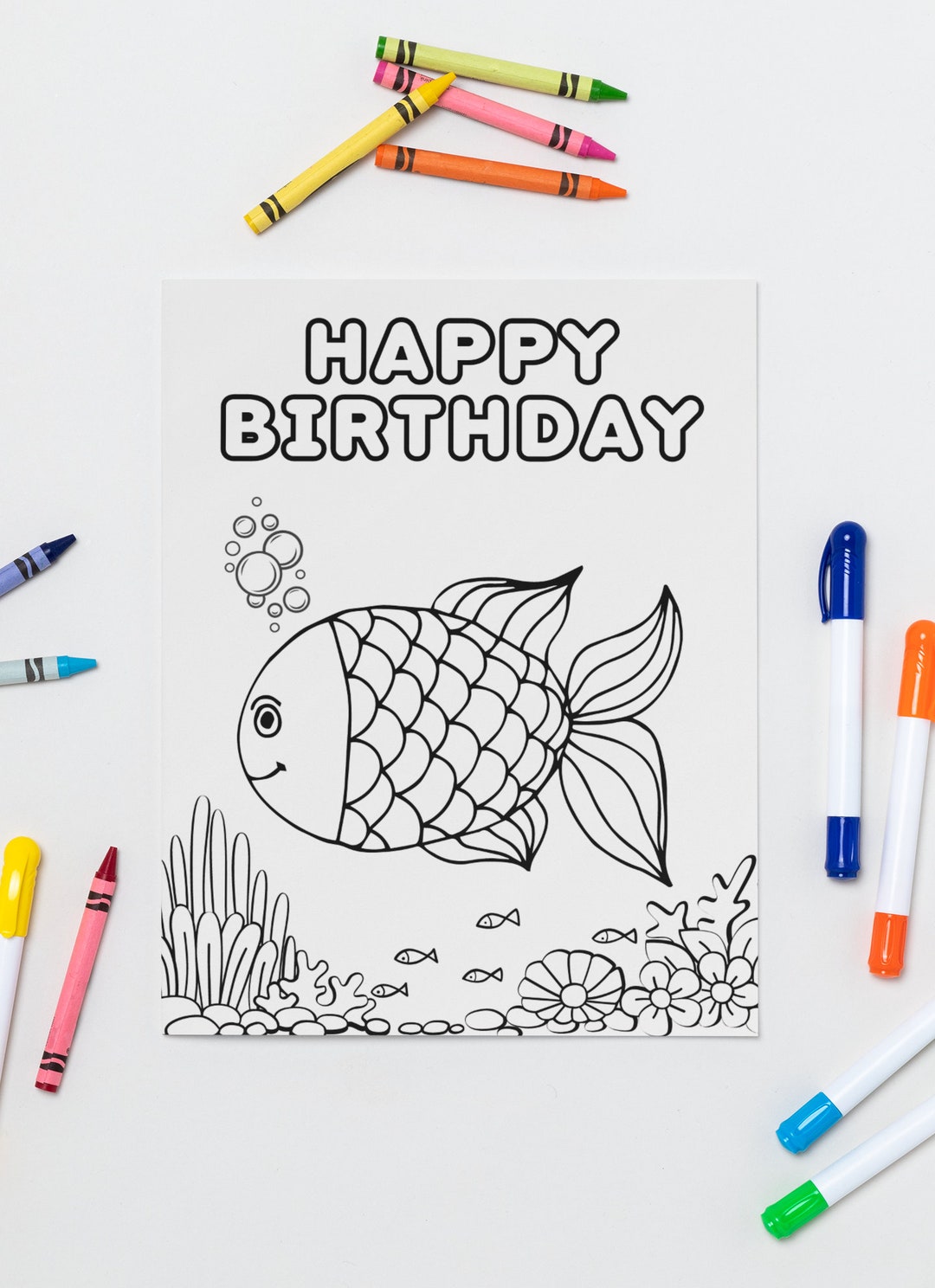 FISH Coloring Birthday Card - *PDF & PNG*- Printable - Digital Birthday ...