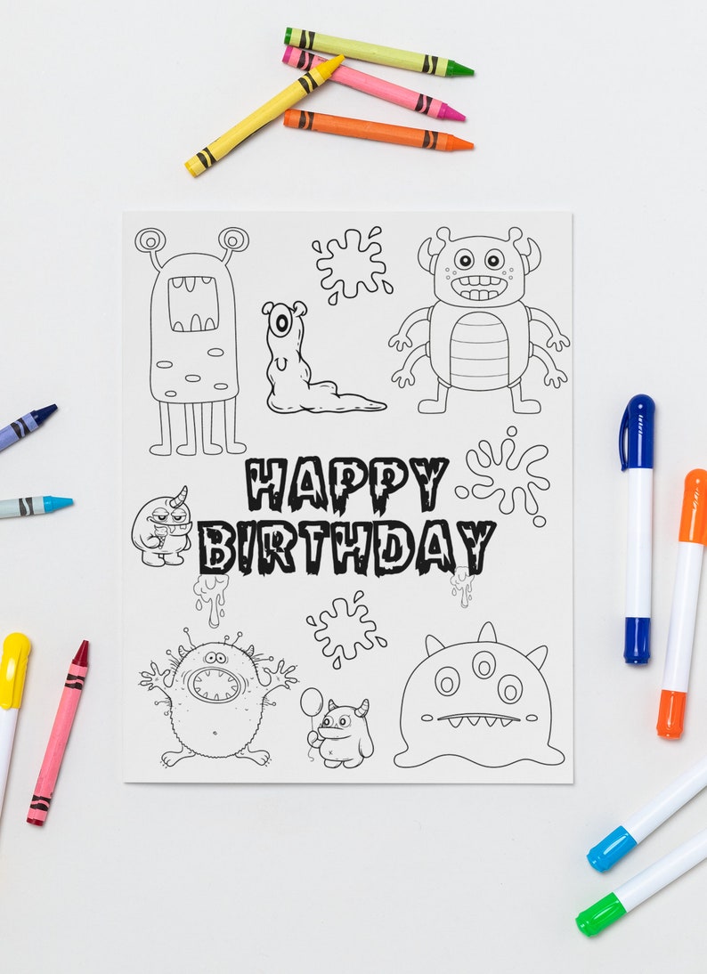MONSTER Coloring Birthday Card PDF & PNG Printable - Etsy