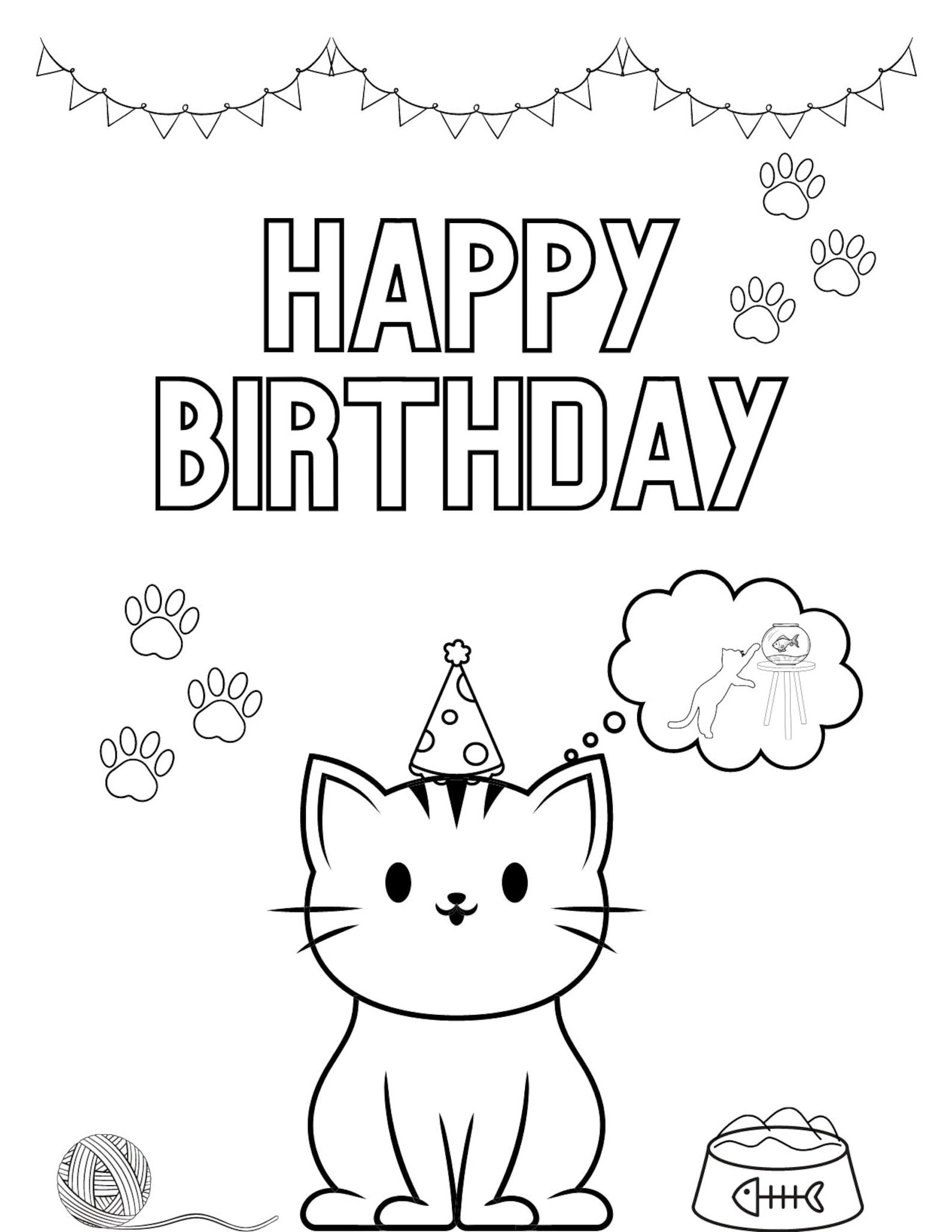 CAT Coloring Birthday Card - *PDF & PNG*- Printable - Digital Birthday ...