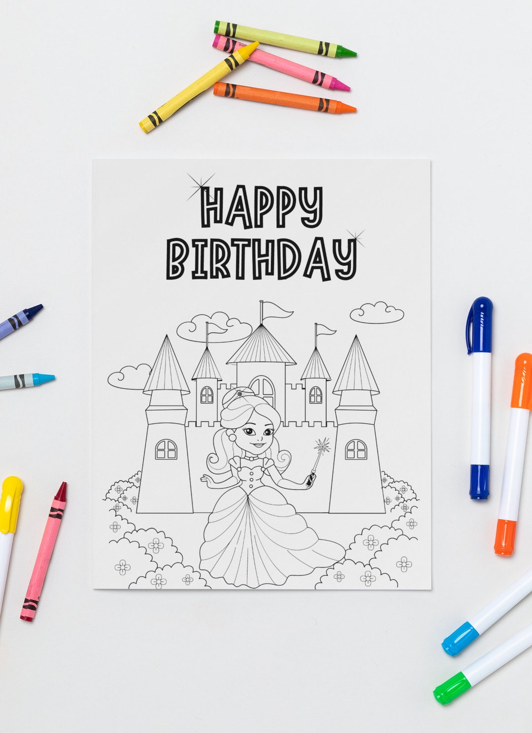 PRINCESS/CASTLE Coloring Birthday Card - *PDF_PNG*- Printable - Digital ...