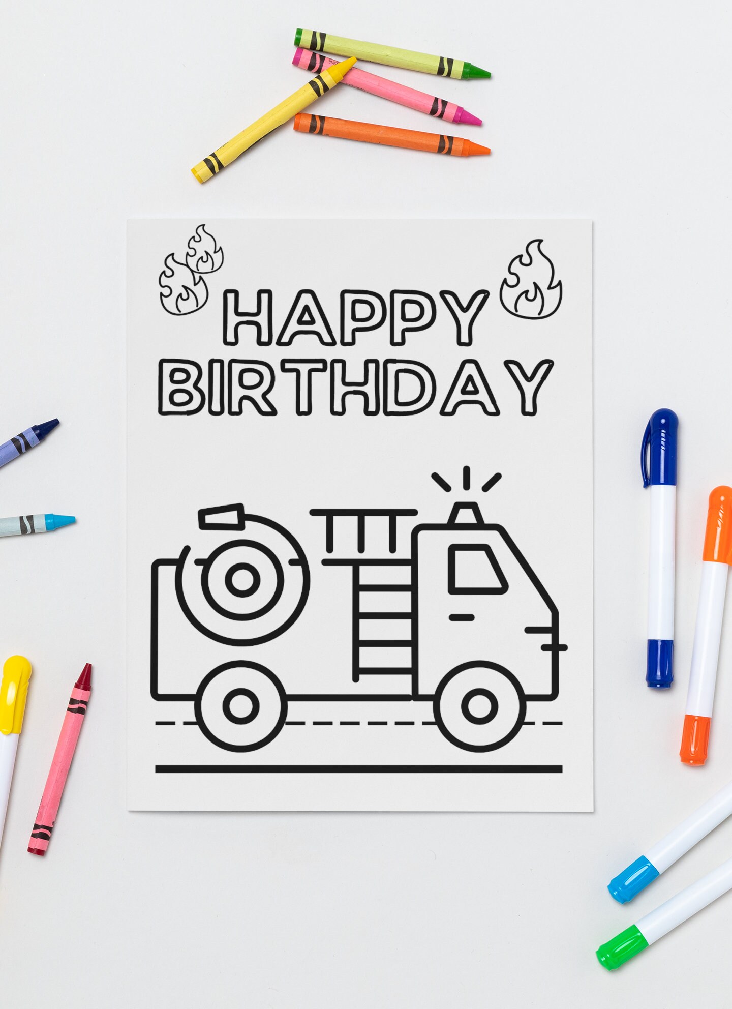 FIRETRUCK Coloring Birthday Card - *PDF & PNG*- Printable - Digital ...