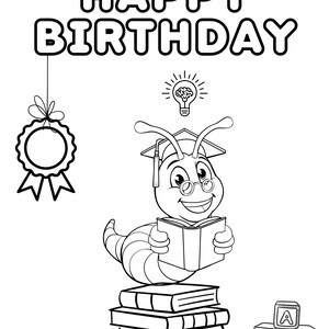 BOOKWORM Coloring Birthday Card - *PDF & PNG*- Printable - Digital ...