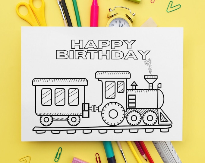 TRAIN Coloring Birthday Card - *PDF & PNG*- Printable - Digital ...