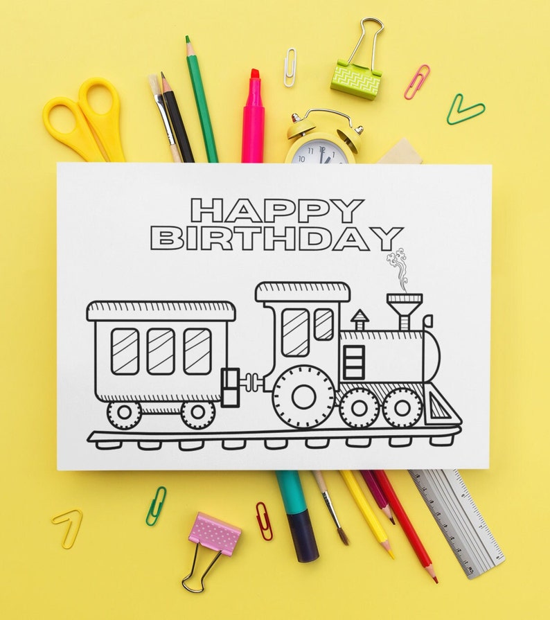 TRAIN Coloring Birthday Card - *PDF & PNG*- Printable - Digital ...
