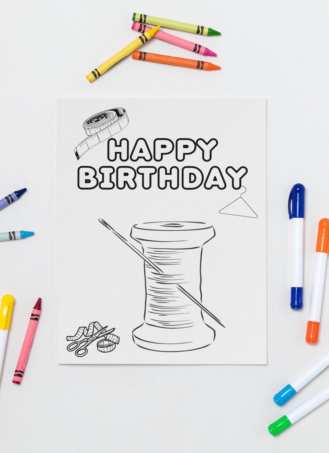 SEWING/NEEDLE_THREAD Coloring Birthday Card - *PDF_PNG*- Printable ...