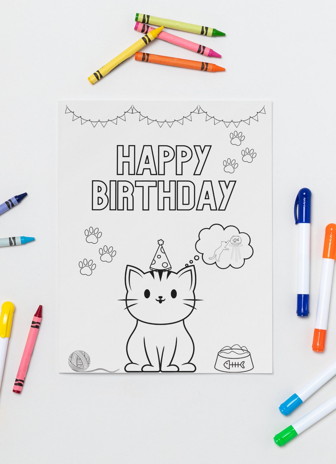 CAT Coloring Birthday Card - *PDF & PNG*- Printable - Digital Birthday ...