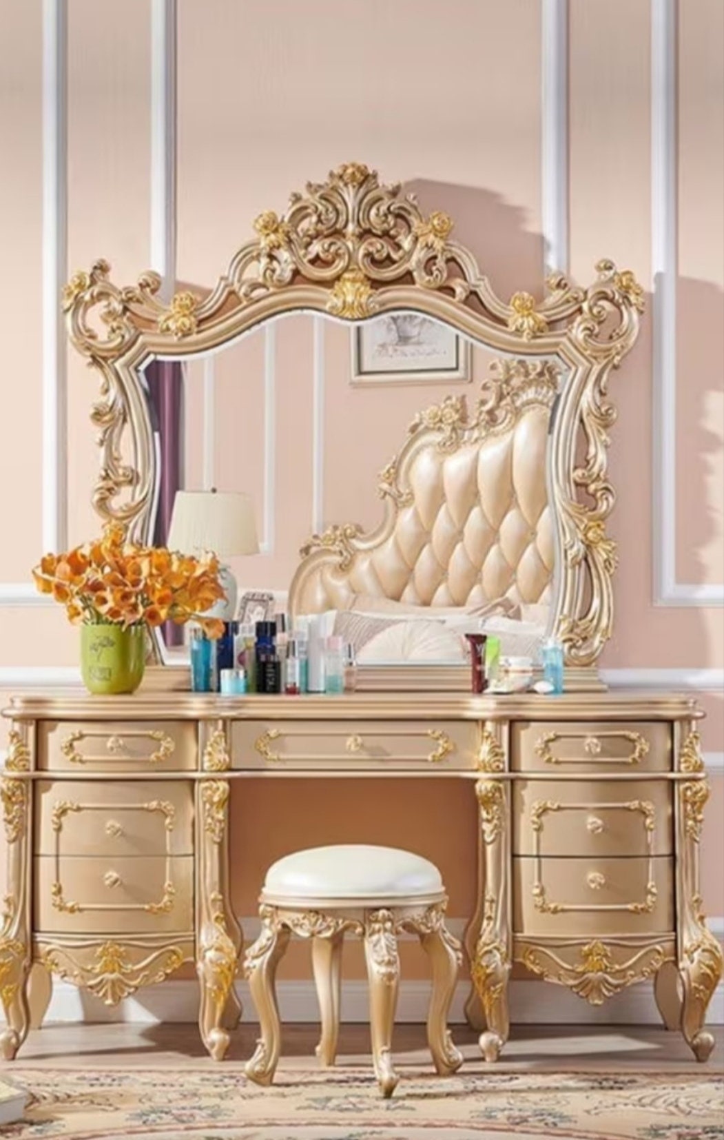 Handcrafted Vintage Dresser With Seat and Mirror/ French Vanity Desk ...