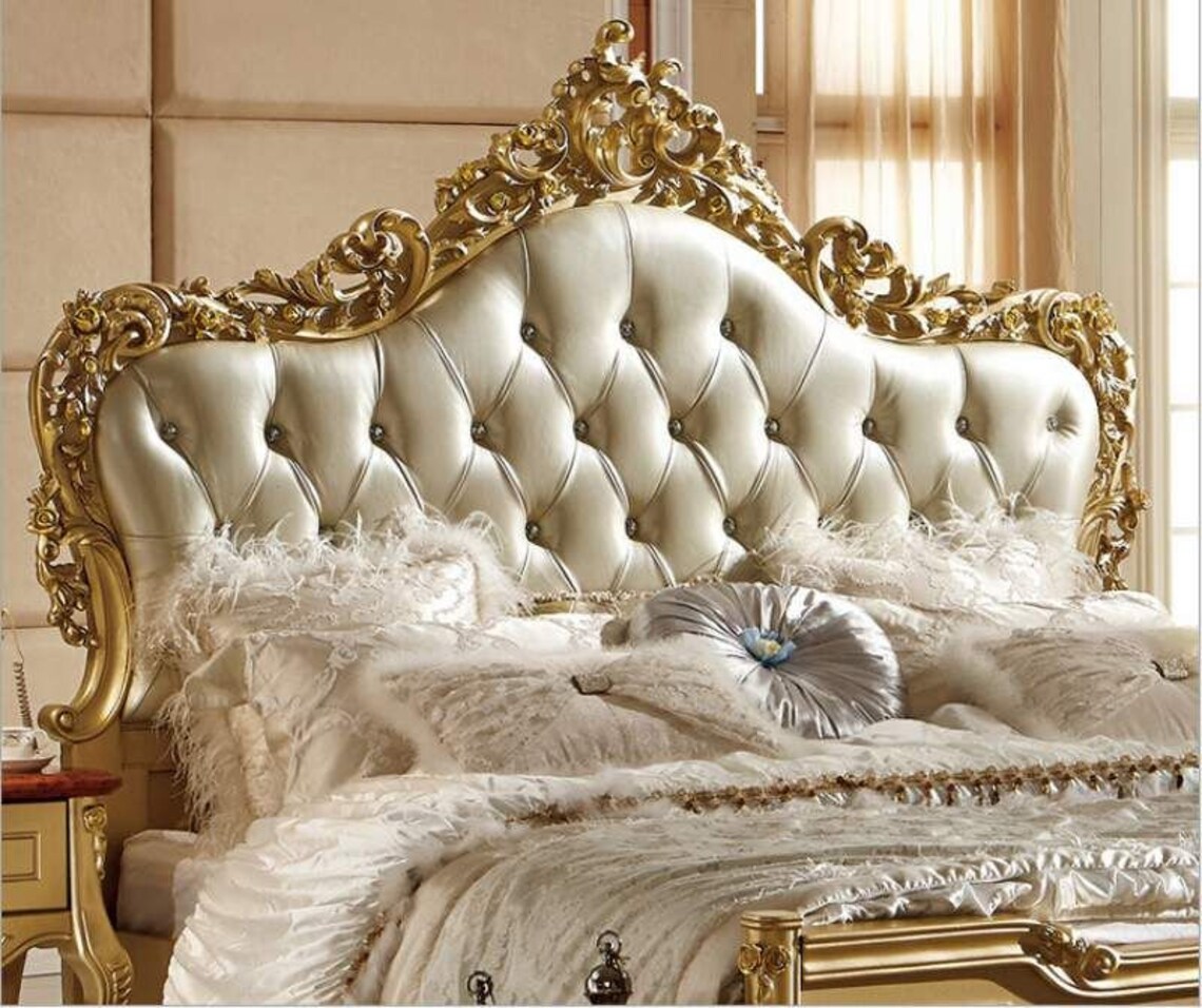 Victorian Style Louis XVI Gold Leaf and White Tufted Royal Antique Bed ...