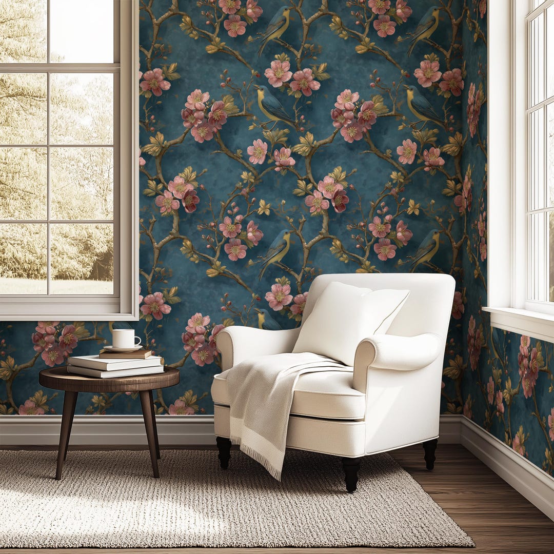 Blue Chinoiserie Bird Wallpaper, Floral Luxury Wall Mural, Vintage ...