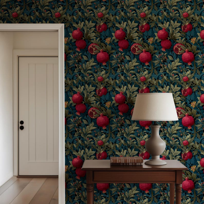Pomegranate Wallpaper, Navy Botanical Mural, Vintage Fruit Pattern ...