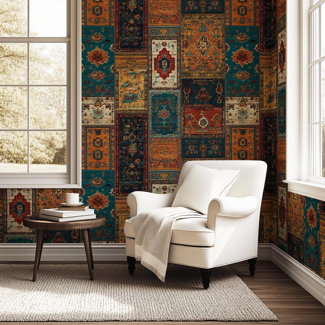 Persian Patchwork Rug Style Wallpaper for Vintage Boho Eclectic Homes ...