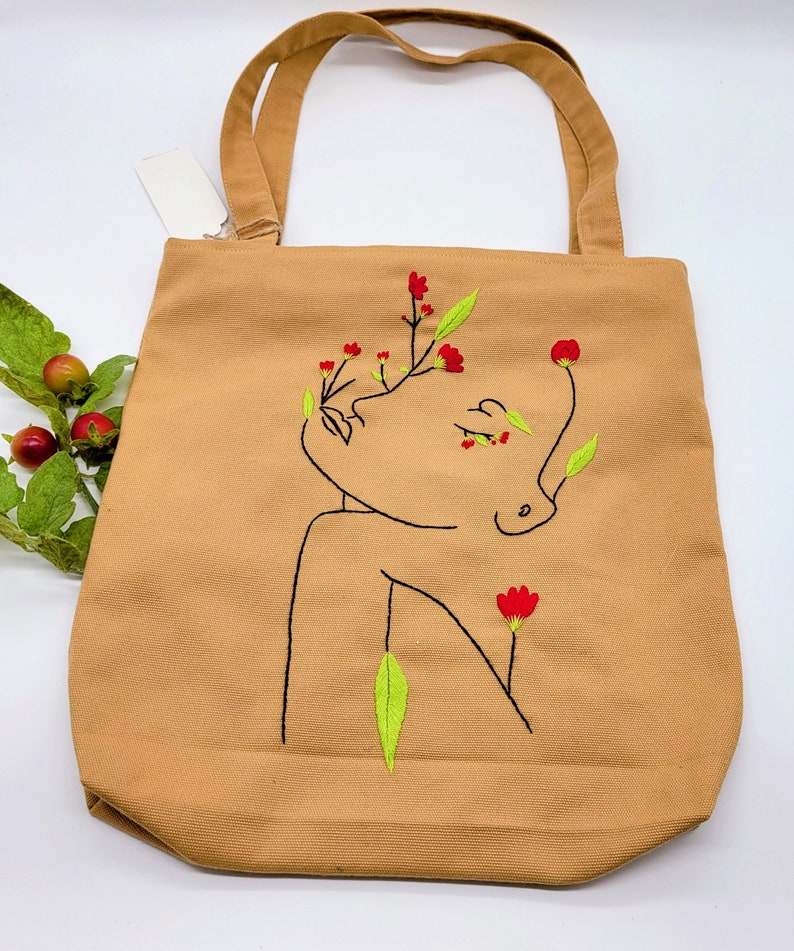 Hand Embroidered Canvas Tote Bag/ Girl's Face Embroidery - Etsy
