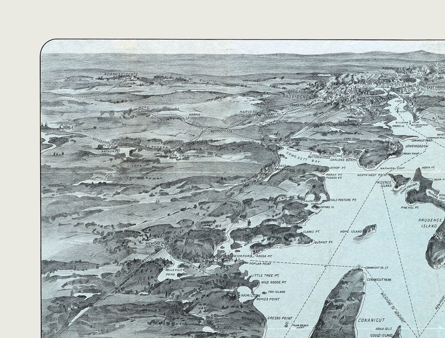 NARRAGANSETT BAY Coastal Steamer Line Routes Map Replica 1907 ...
