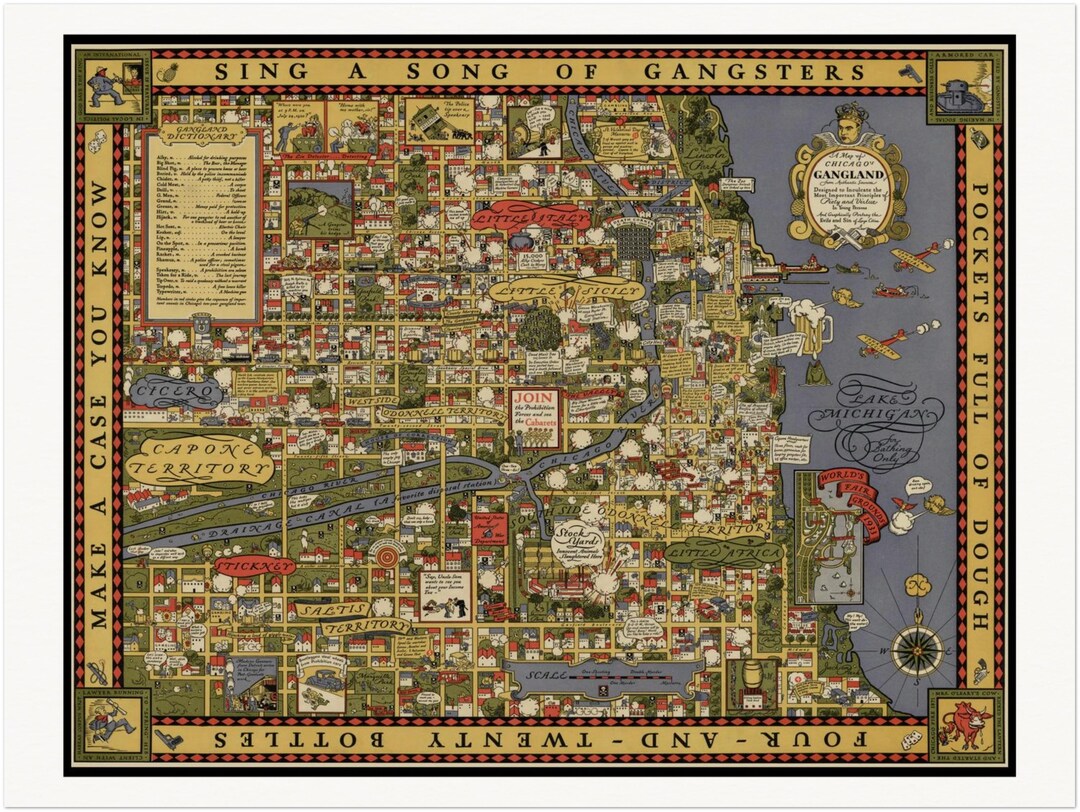 Vintage 1930s Gangs of Chicago Illustrated Map Poster, Free Shipping ...