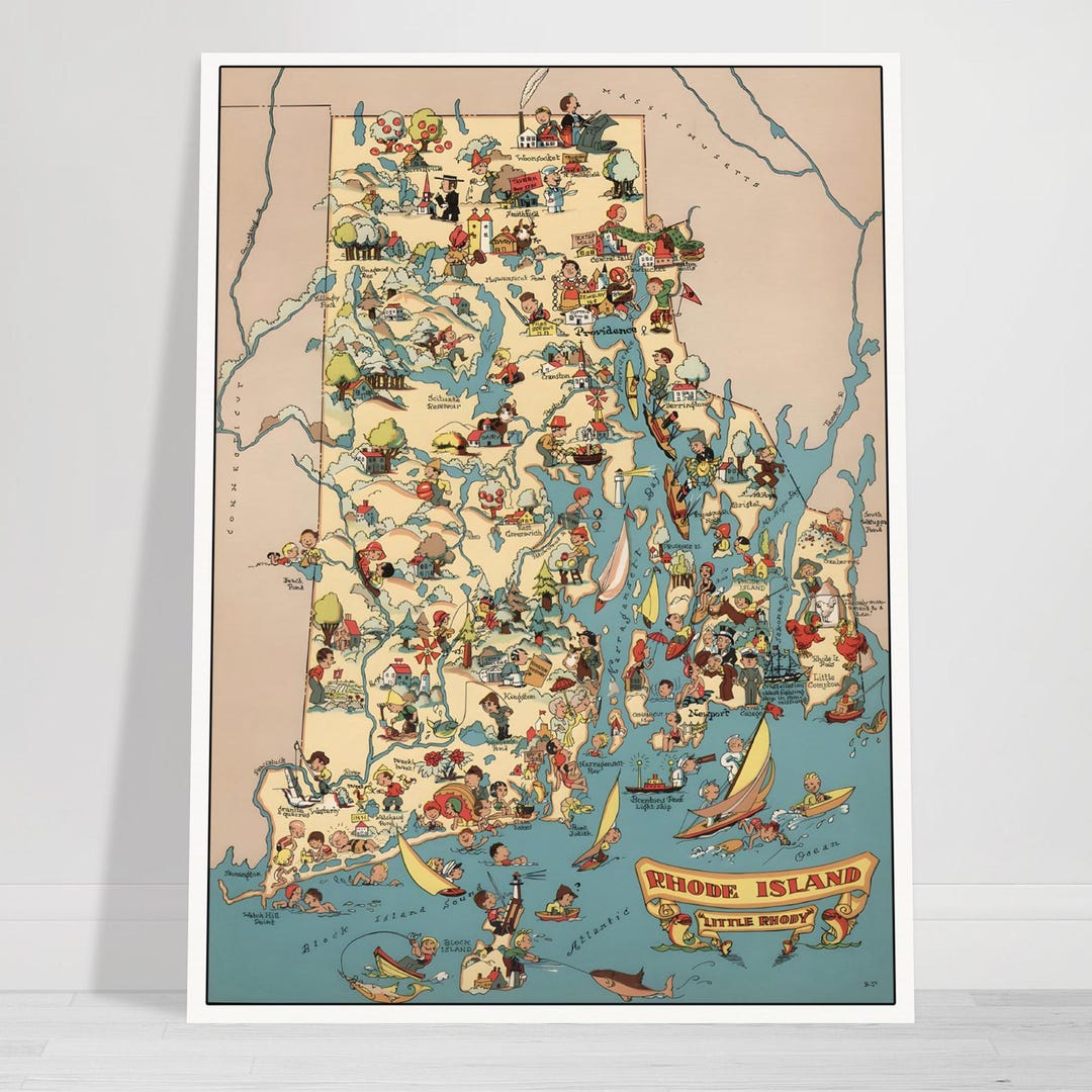 RHODE ISLAND Vintage Illustrated Map 1935, Restored Replica Printed on ...