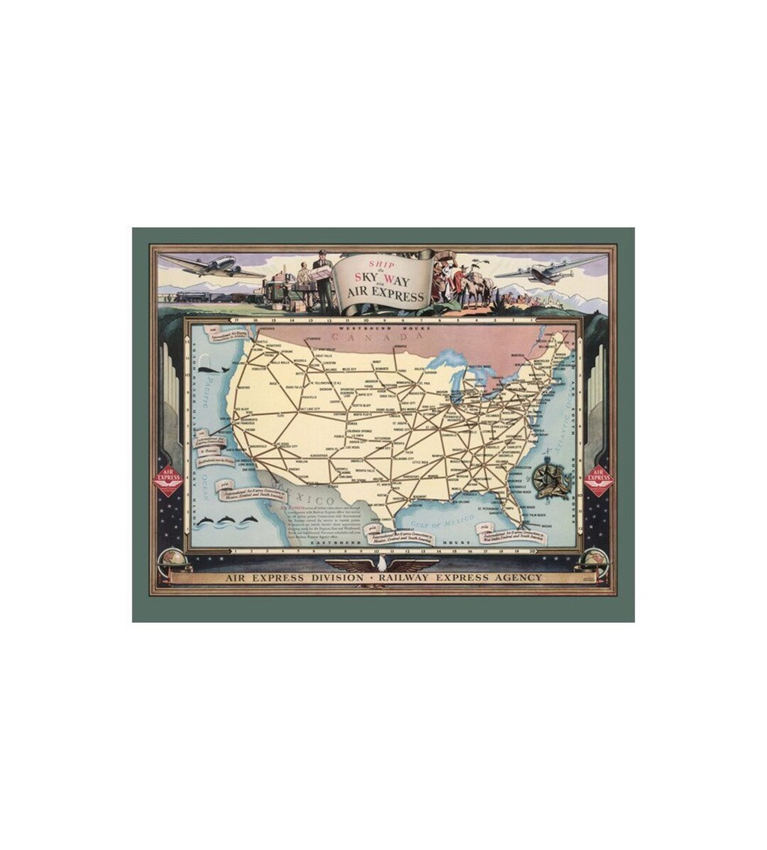 AIR RAILWAY EXPRESS Vintage Illustrated Routes Map 1941 Printed on ...