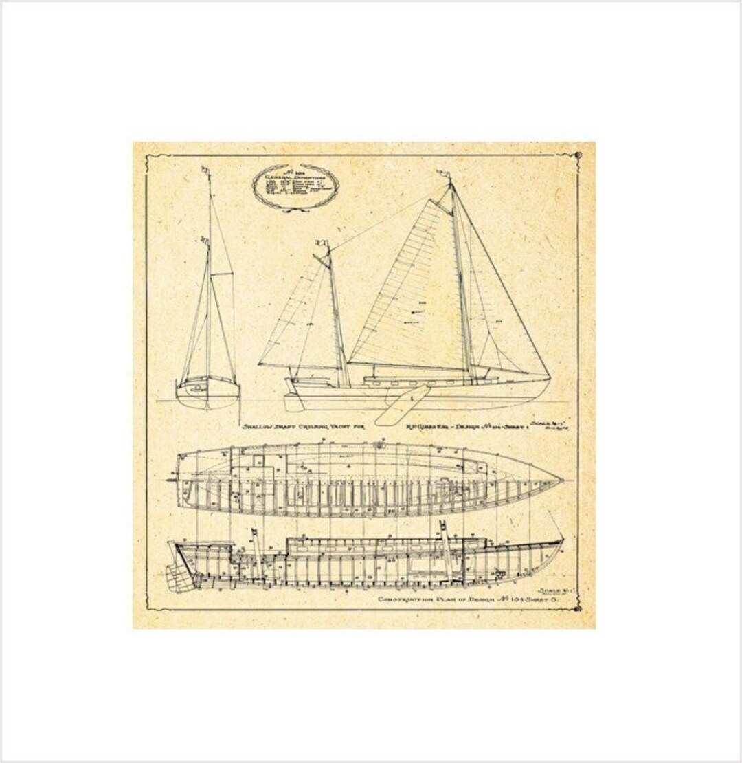 VINTAGE HERRESHOFF BOAT Design Replica Print - Ketch Rigged Sailboat ...