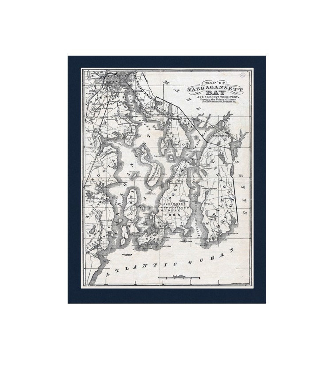 VINTAGE NARRAGANSETT BAY Points of Interest Tourists Map Replica 1879 ...