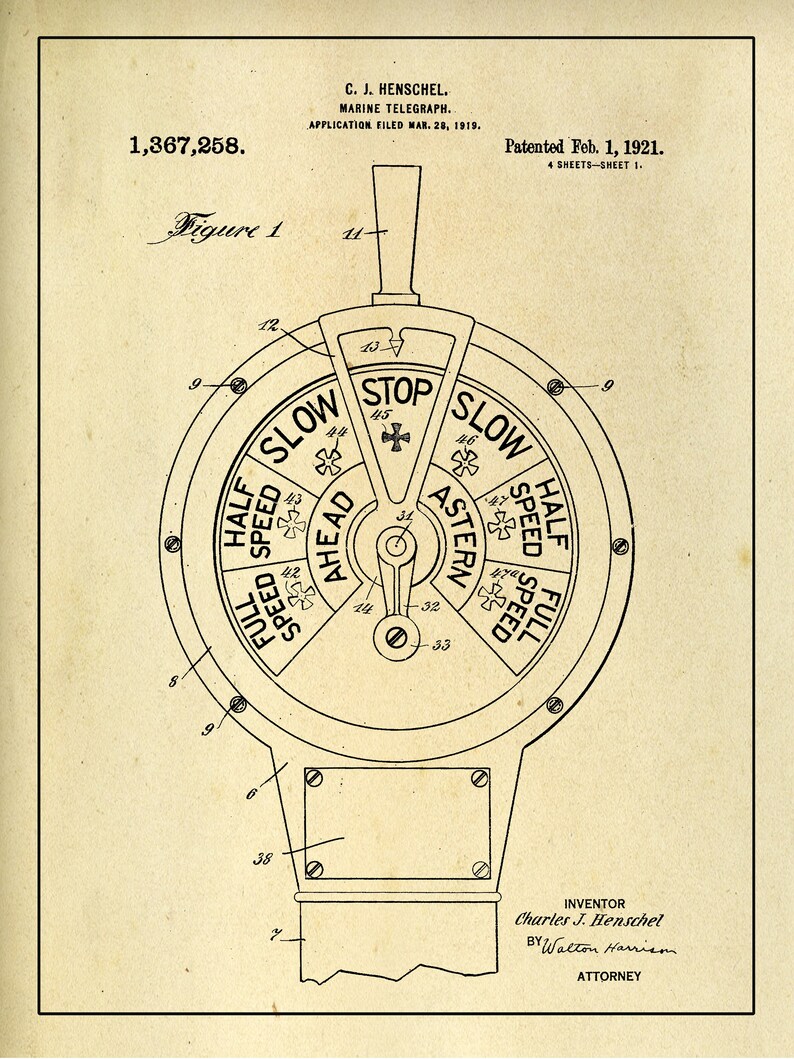 VINTAGE SHIP'S BRIDGE Telegraph Patent-print Replica 1921 Nautical ...