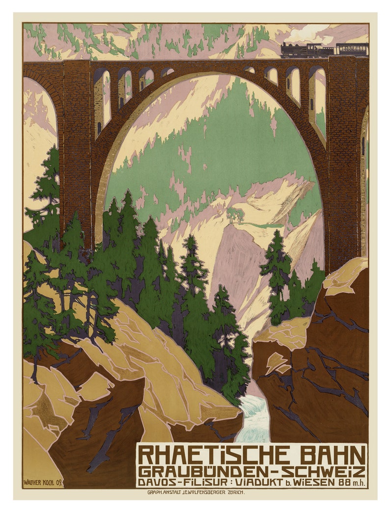 VINTAGE GERMAN RAILROAD, 1909 Travel Poster, Rhenish Railway Company ...
