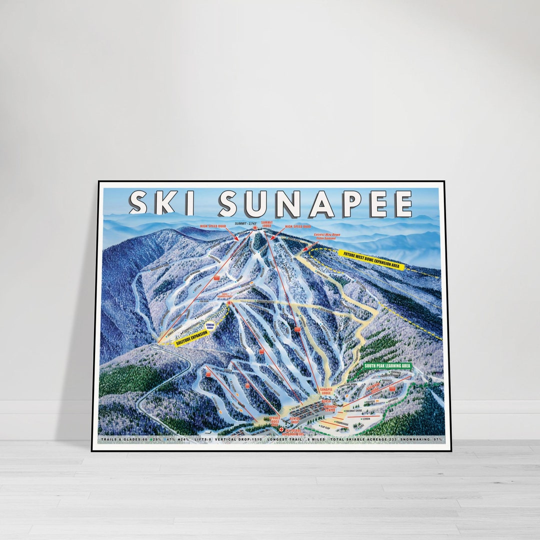 SKI SUNAPEE New Hampshire Trail Map Poster, Skiing Art Wall Decor for ...
