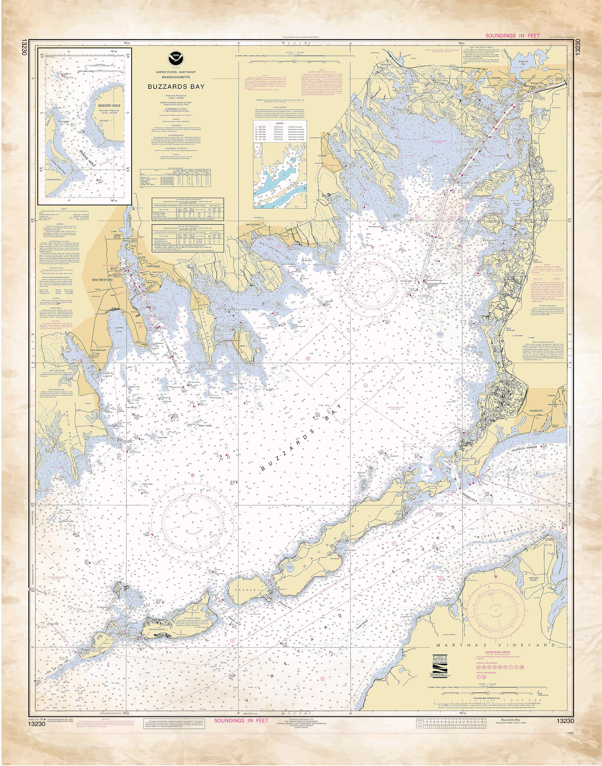 BUZZARDS BAY NAUTICAL Map Replica Print 1977, From Onset to Padanarum ...