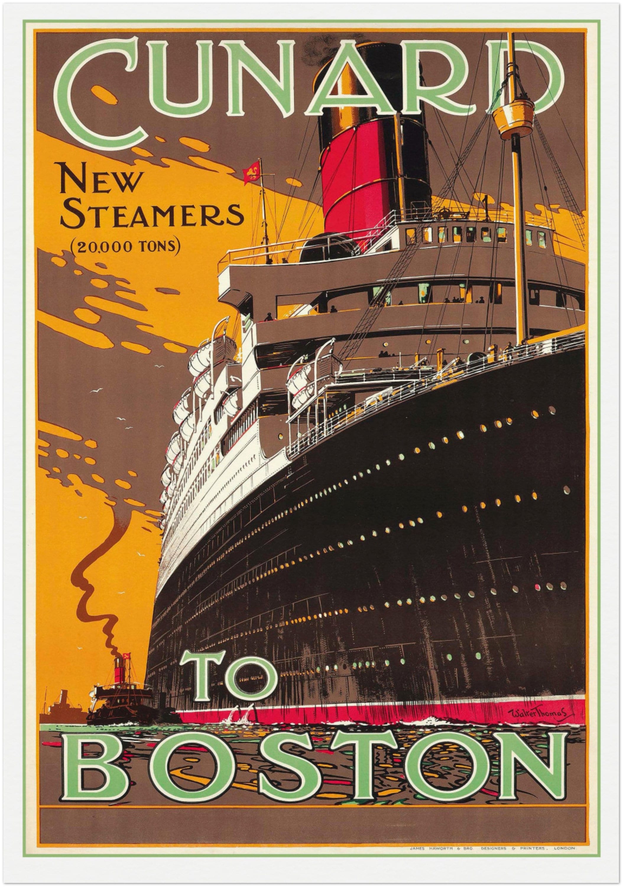 Cunard Ships Line Vintage Travel Poster, Boston to Liverpool 1930 ...
