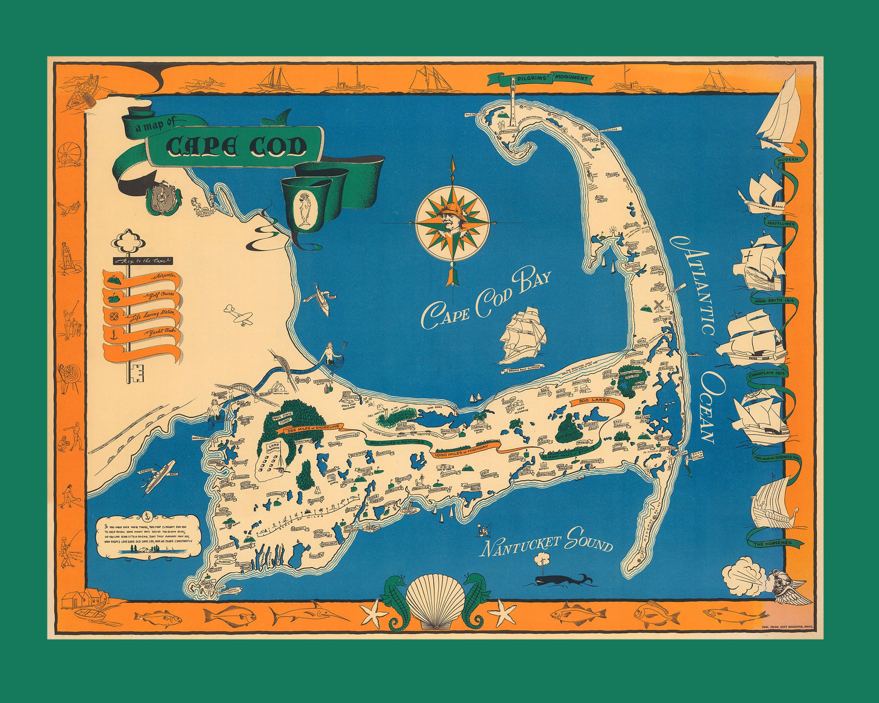 CAPE COD ILLUSTRATED Map 1940 Replica Printed on 250gsm Weight Museum ...