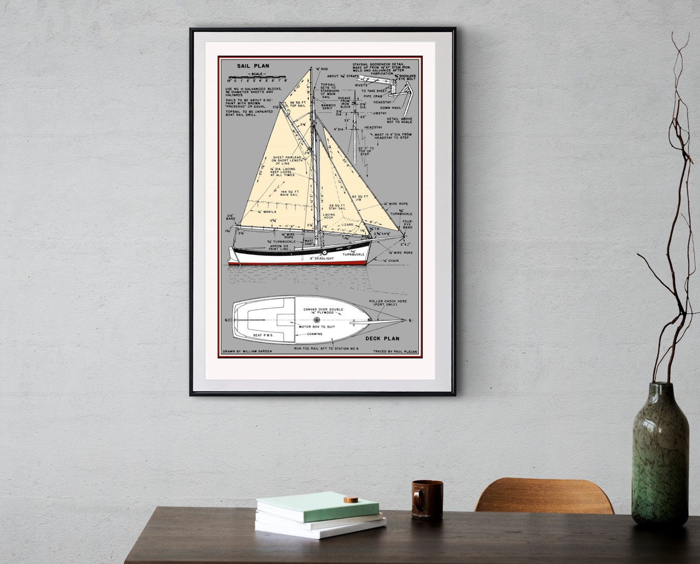 Vintage Sailboat Design Poster, 1958 Sail, Hull and Deck Plan, Black ...