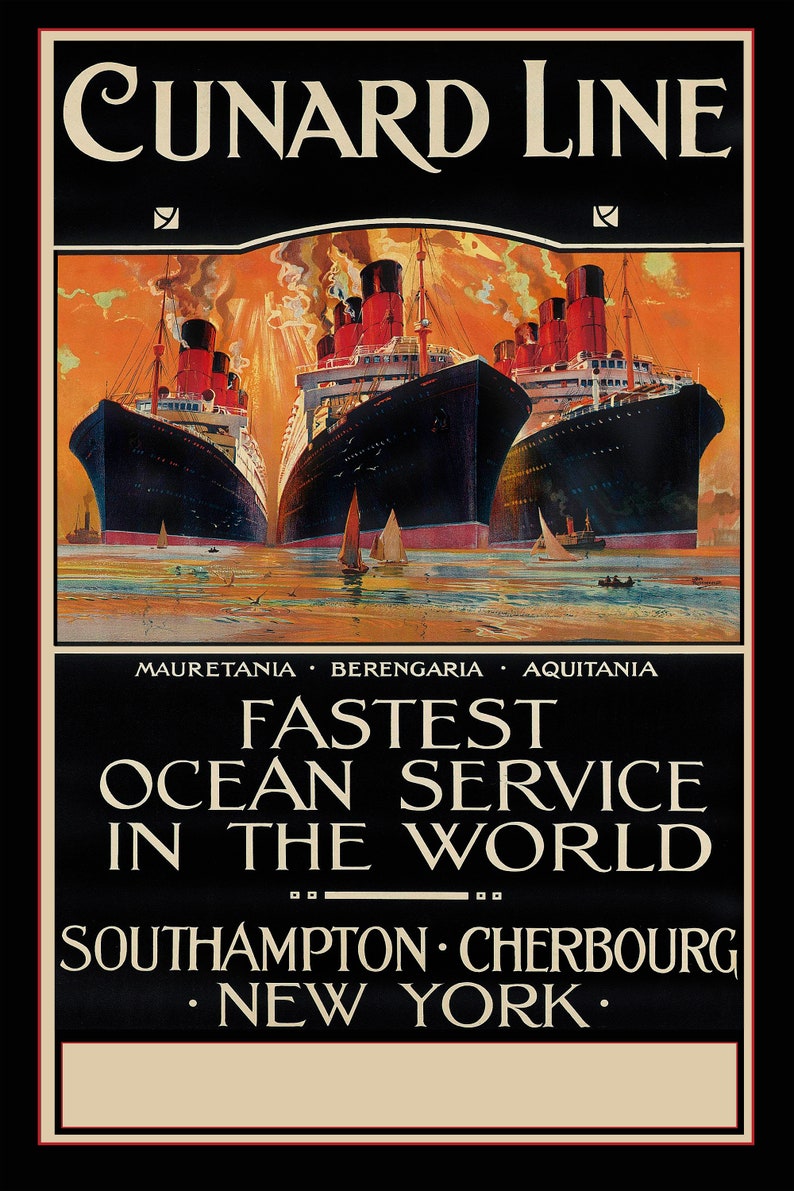 Vintage Cunard Line Passenger Ship Poster, Antique 1912, Vintage Ocean ...