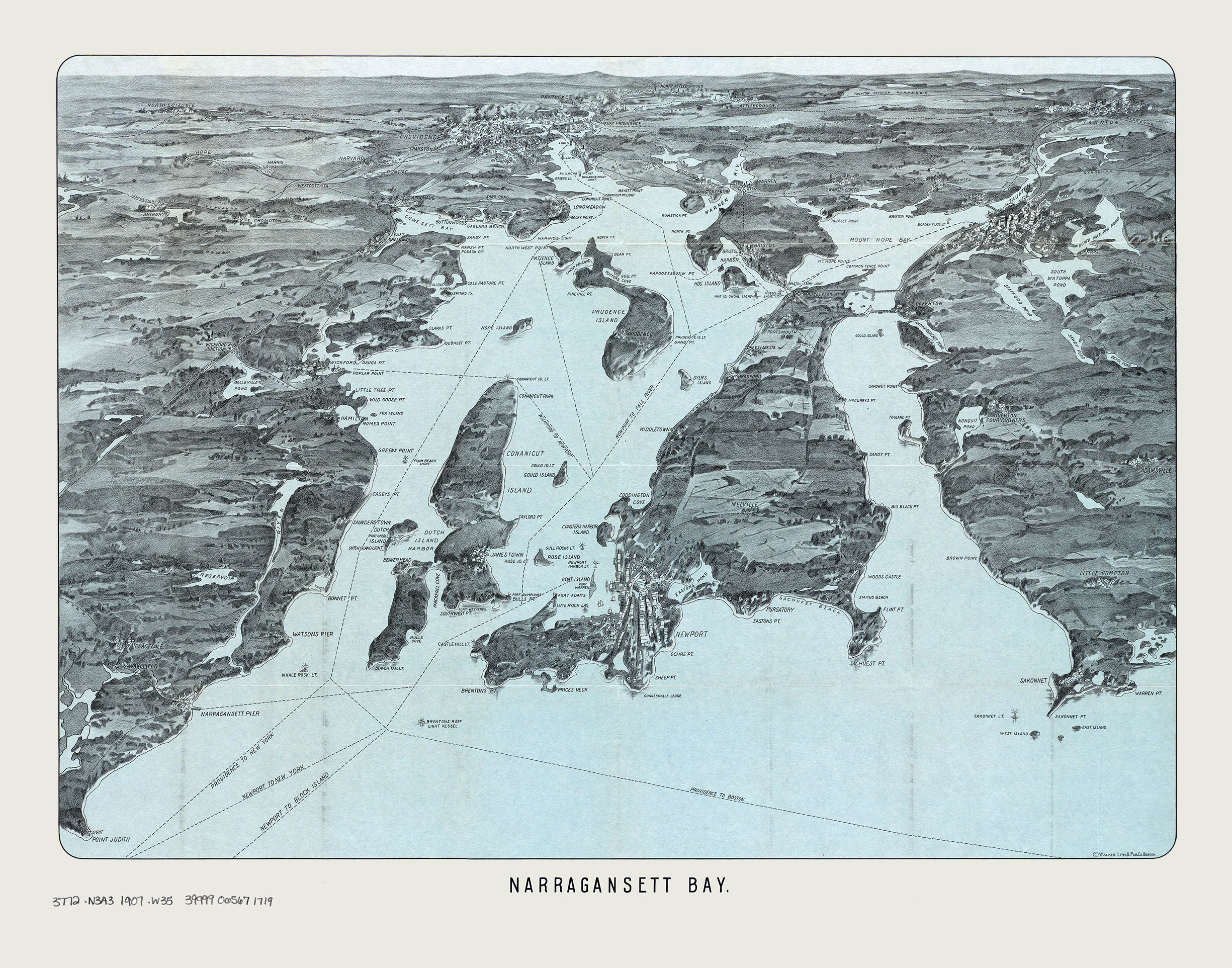 NARRAGANSETT BAY Coastal Steamer Line Routes Map Replica 1907 ...