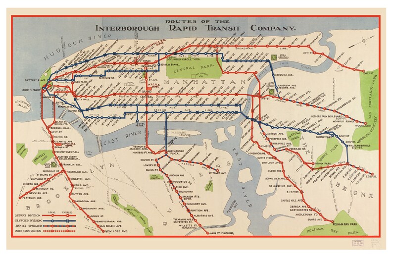 Vintage 1924 New York City Subway Map, Antique NYC Subway System Map ...