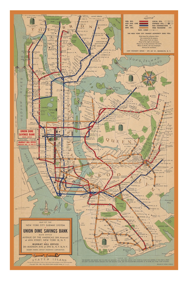 Vintage New York City Subway Map, Antique 1954 NYC Subway System Map, New York Boroughs ...