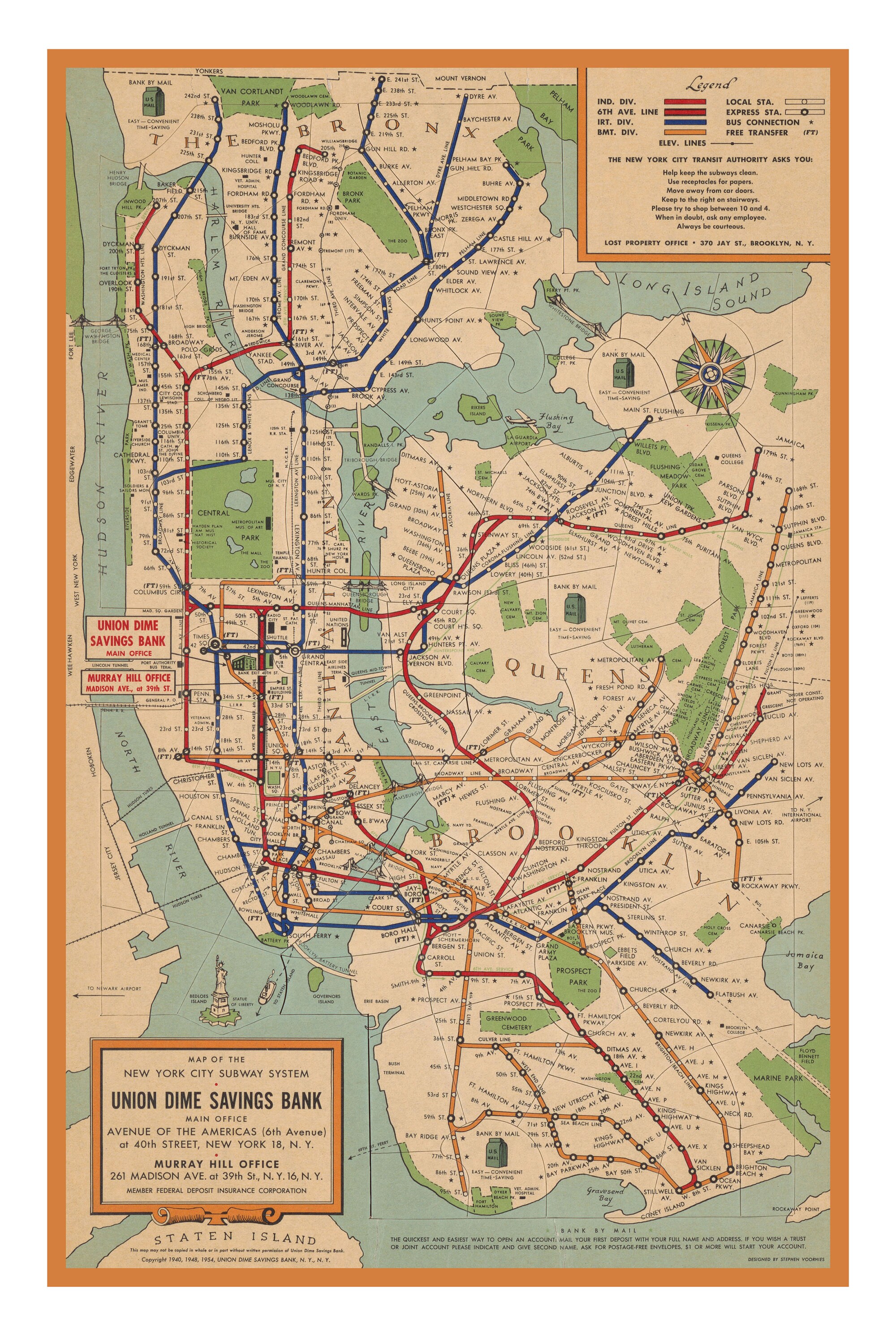 Vintage New York City Subway Map, Antique 1954 NYC Subway System Map, New York Boroughs ...