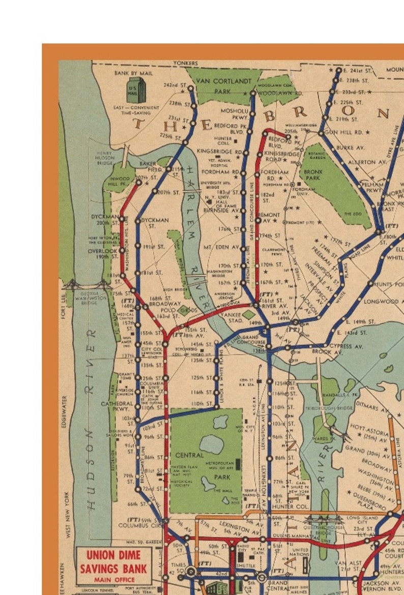 Vintage New York City Subway Map, Antique 1954 NYC Subway System Map ...