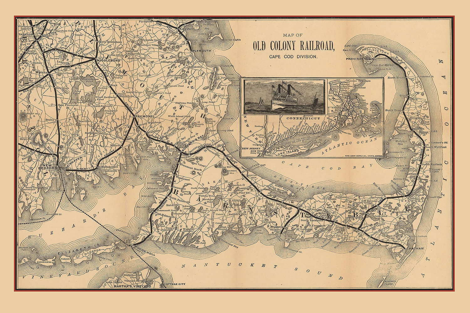 OLD COLONY LINE Railroad Map Replica Print 1888 - Tracks From Taunton ...