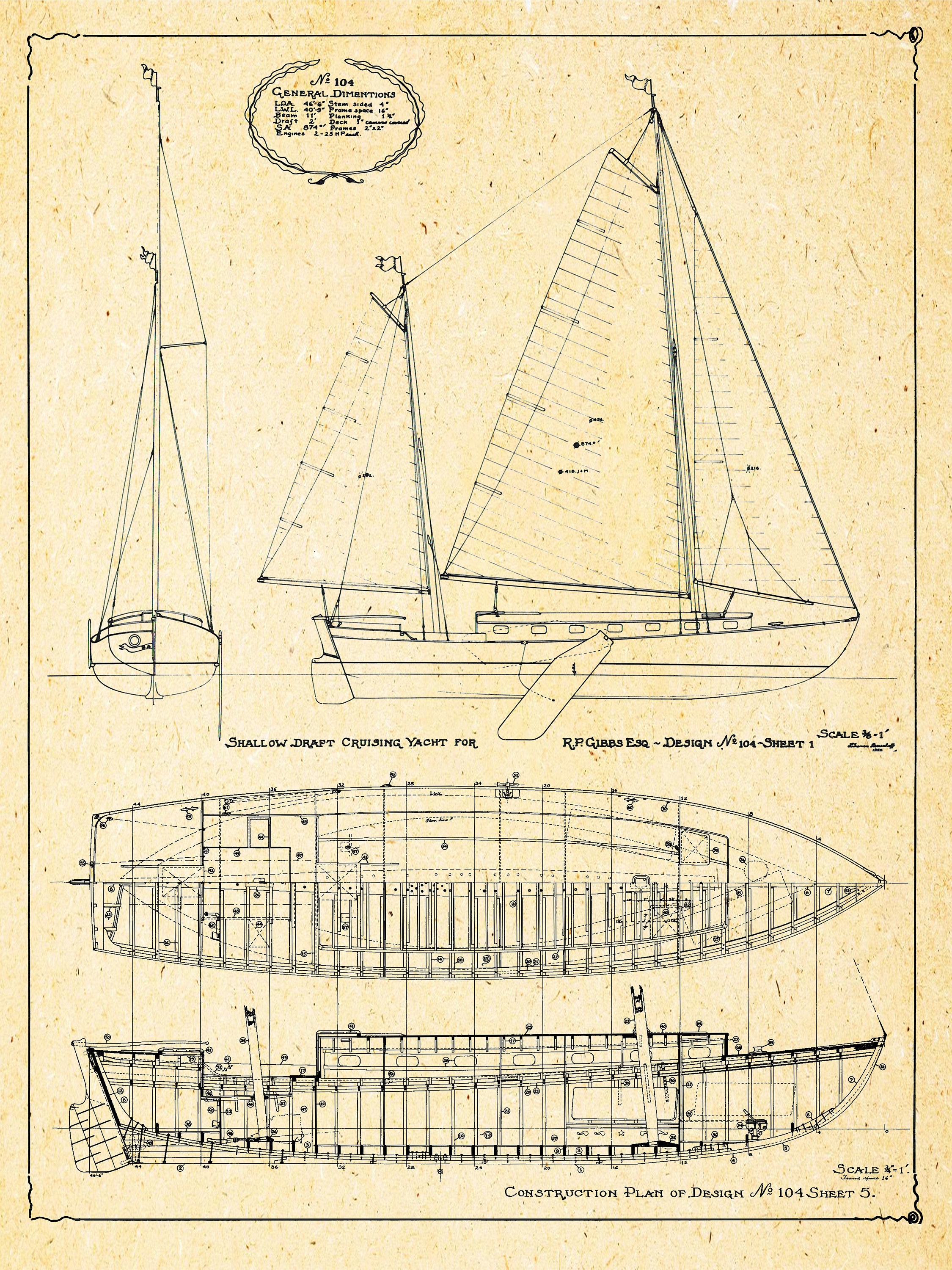 VINTAGE HERRESHOFF BOAT Design Replica Print Ketch Rigged Sailboat With ...