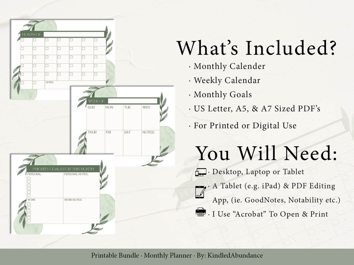 Undated Monthly Planner, Weekly Planner, Printable Planner, Planner Set ...