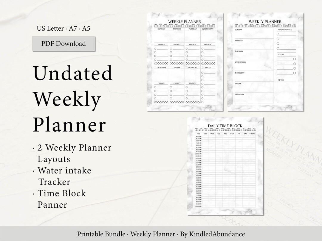 Undated 2 Weekly Planners, Water Intake, Block Schedule, Printable ...