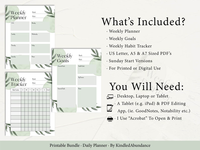 Undated Weekly Planner, Weekly Goals, Habit Tracker, Printable Planner ...