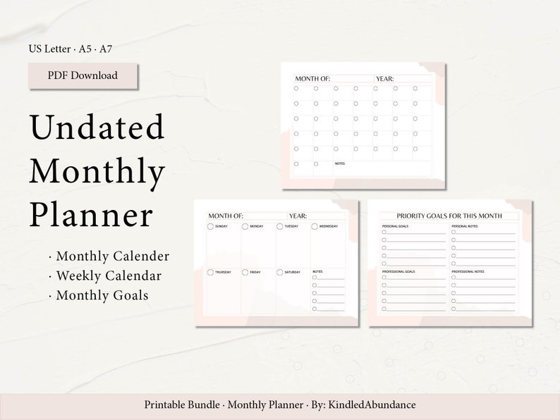 Undated Monthly Planner, Weekly Planner, Printable Planner, Planner Set ...