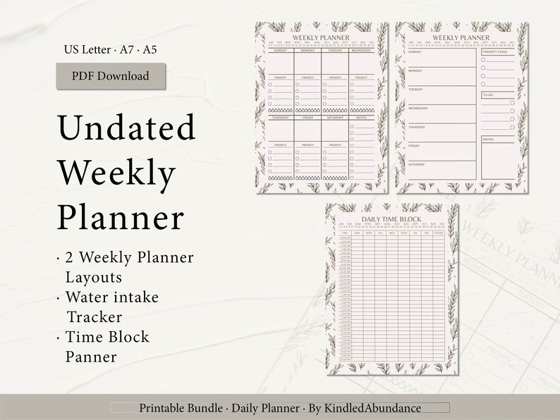 Undated 2 Weekly Planners, Water Intake, Block Schedule, Printable ...