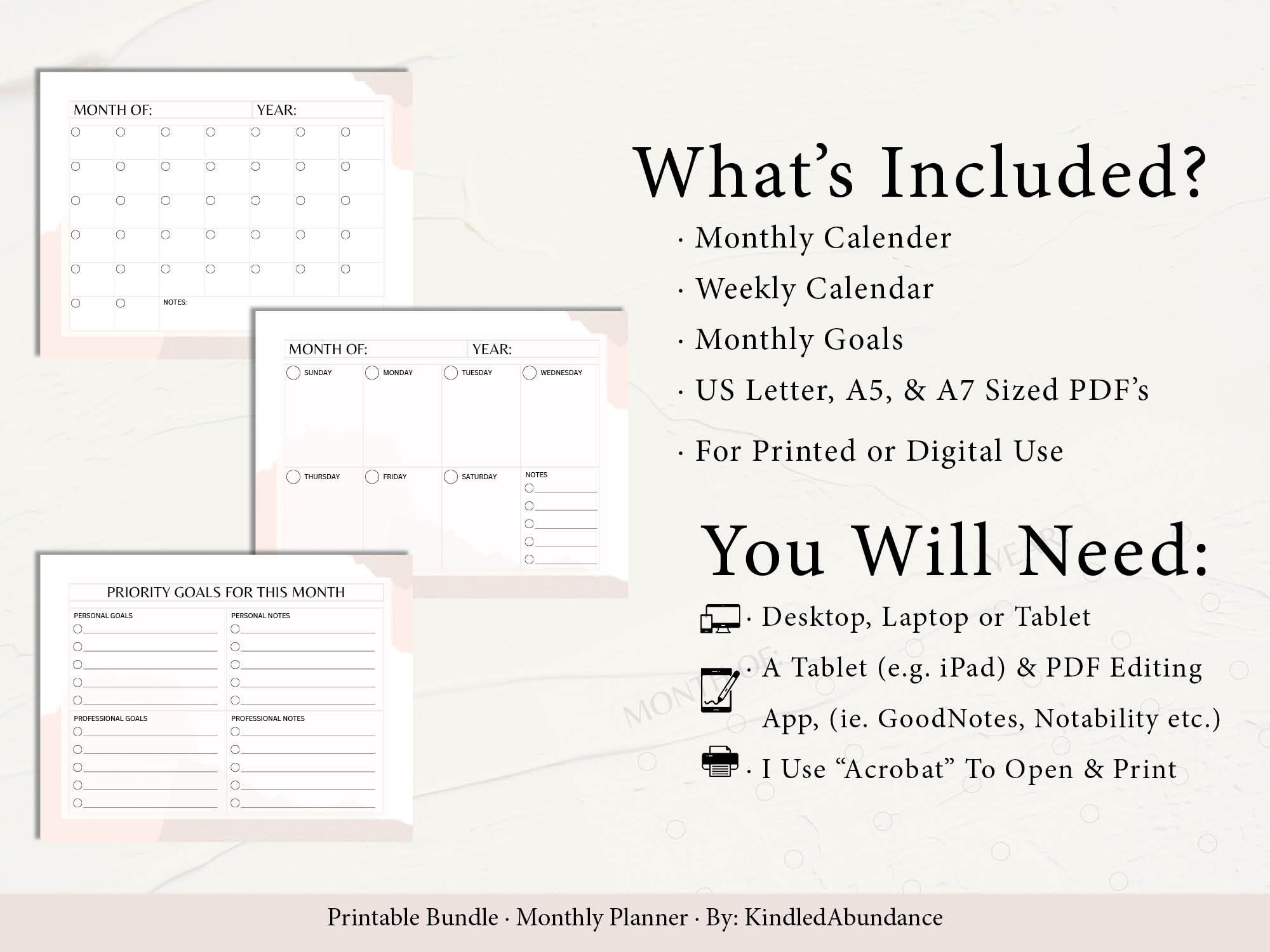 Undated Monthly Planner, Weekly Planner, Printable Planner, Planner Set ...