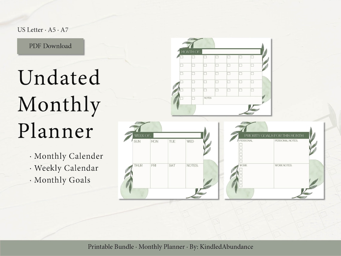 Undated Monthly Planner, Weekly Planner, Printable Planner, Planner Set ...
