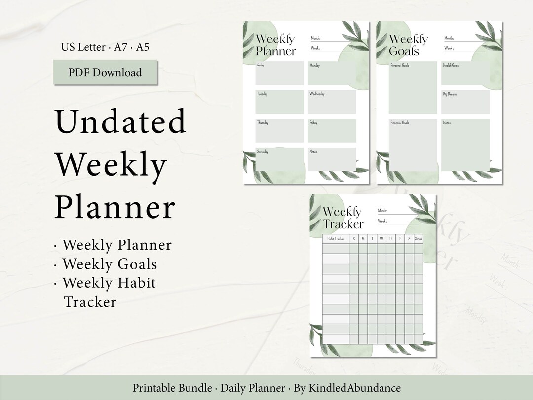 Undated Weekly Planner, Weekly Goals, Habit Tracker, Printable Planner ...