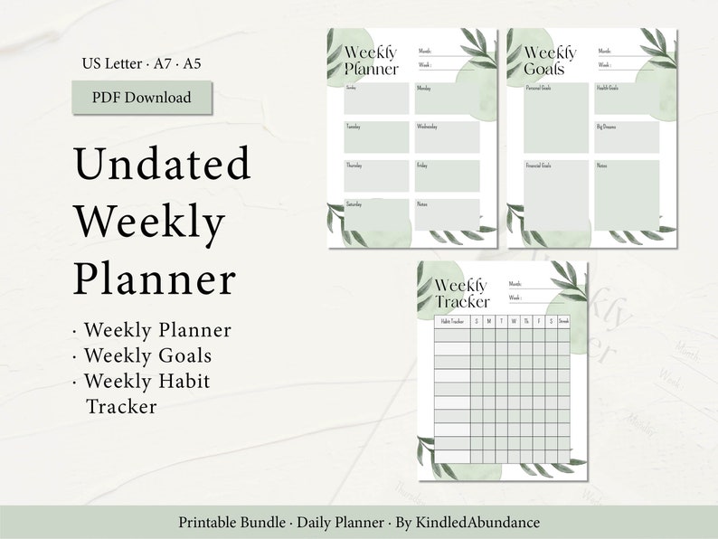Undated Weekly Planner, Weekly Goals, Habit Tracker, Printable Planner ...