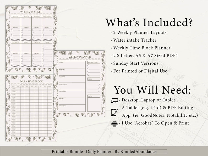 Undated 2 Weekly Planners, Water Intake, Block Schedule, Printable ...
