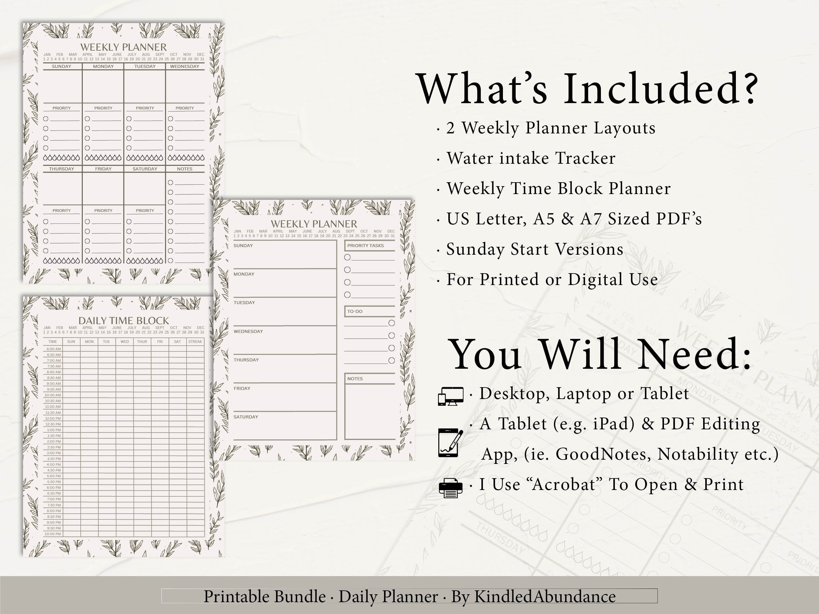 Undated 2 Weekly Planners, Water Intake, Block Schedule, Printable ...