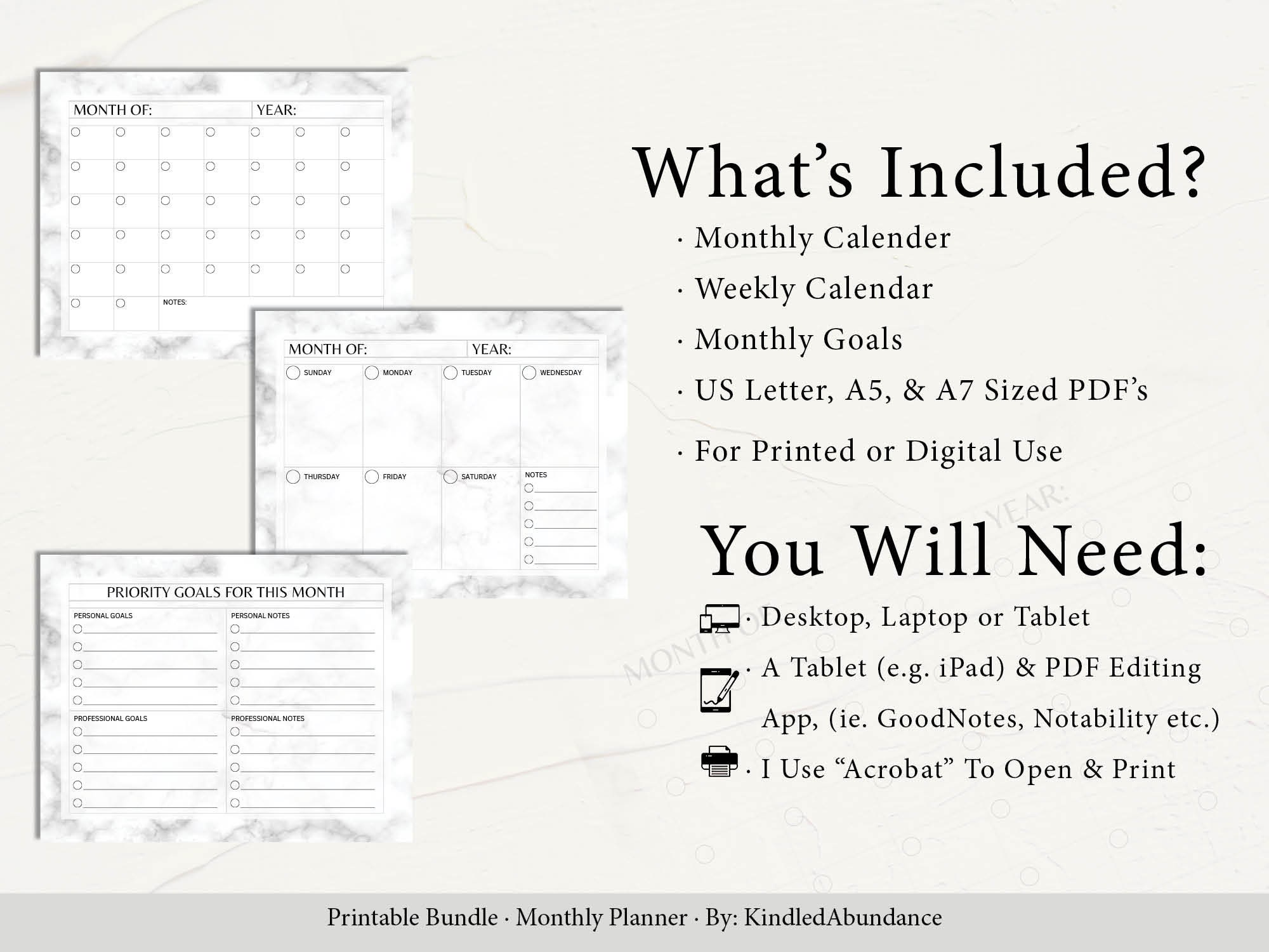 Undated Monthly Planner, Weekly Planner, Printable Planner, Planner Set ...